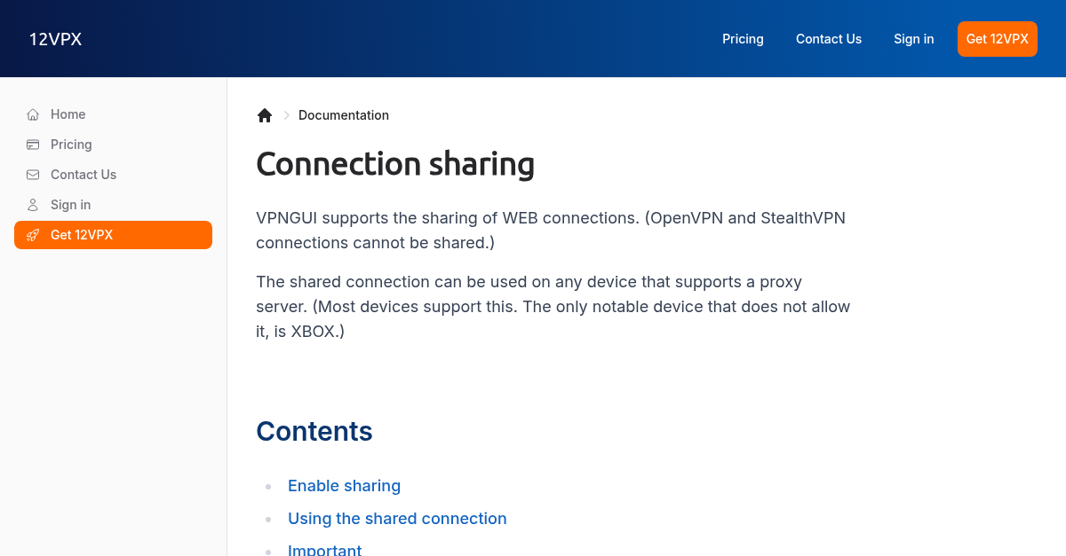 Connection sharing - 12VPX