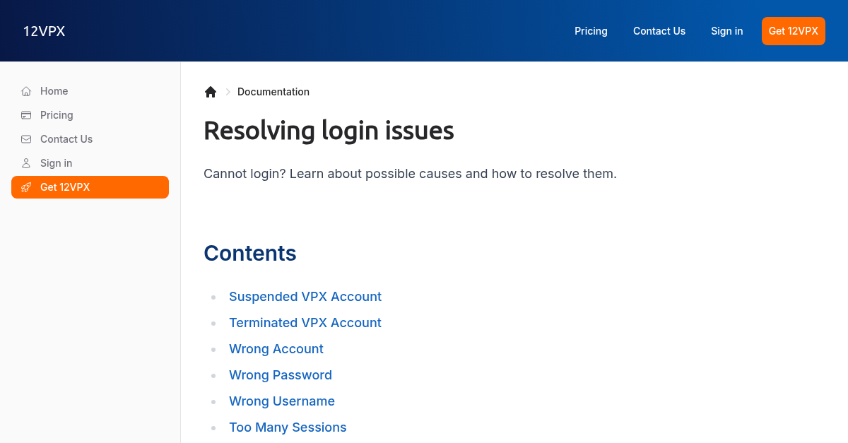 Resolving login issues - 12VPX