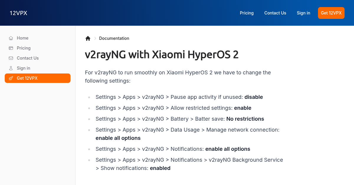 v2rayNG with Xiaomi HyperOS 2 - 12VPX